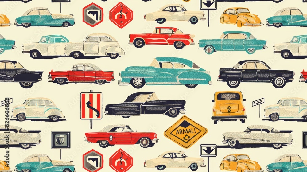 Vintage car pattern with classic vehicles and road signs Stock ...