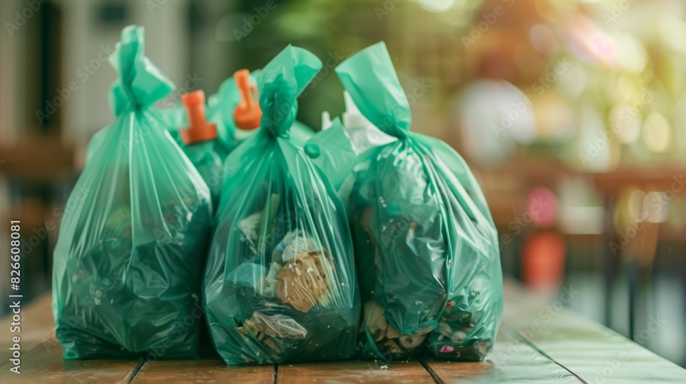 Eco-consciousness: 4K HD Wallpaper of Green Plastic Bags with Trash on ...