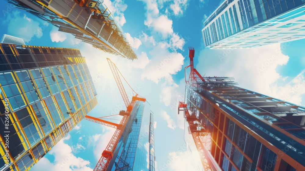 Illustrate a dynamic low-angle cityscape showcasing high-rise buildings ...