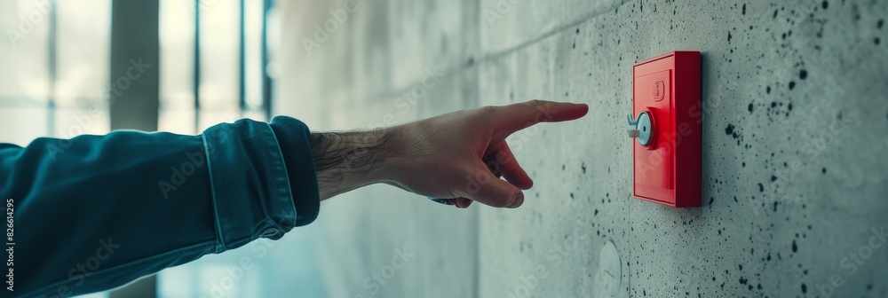 Male hand pressing a red fire alarm switch on a concrete wall, with the ...