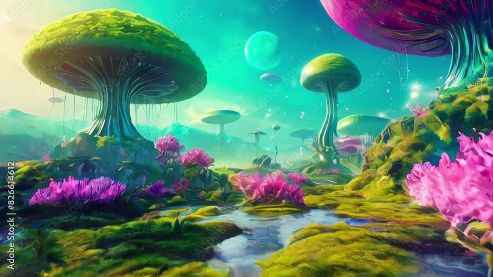 Vivid alien landscape with giant futuristic tree and colorful flowers ...