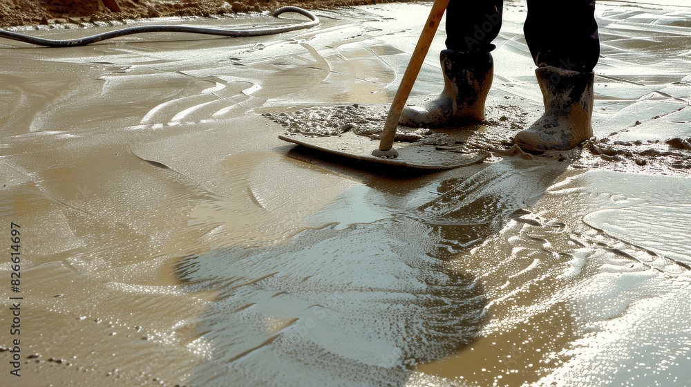 Worker spreading bulk floor compound evenly across a concrete surface ...
