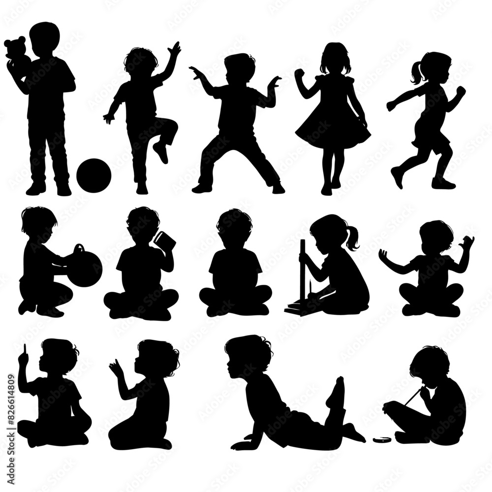 Kids activities different pose silhouette Stock Vector | Adobe Stock