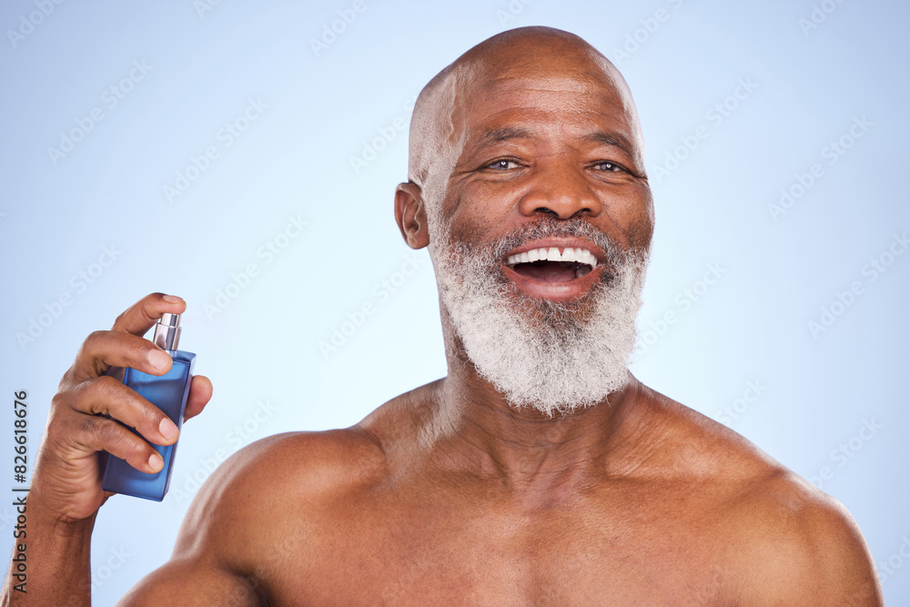 Black man, perfume and smile for beauty in studio, fragrance and smell ...