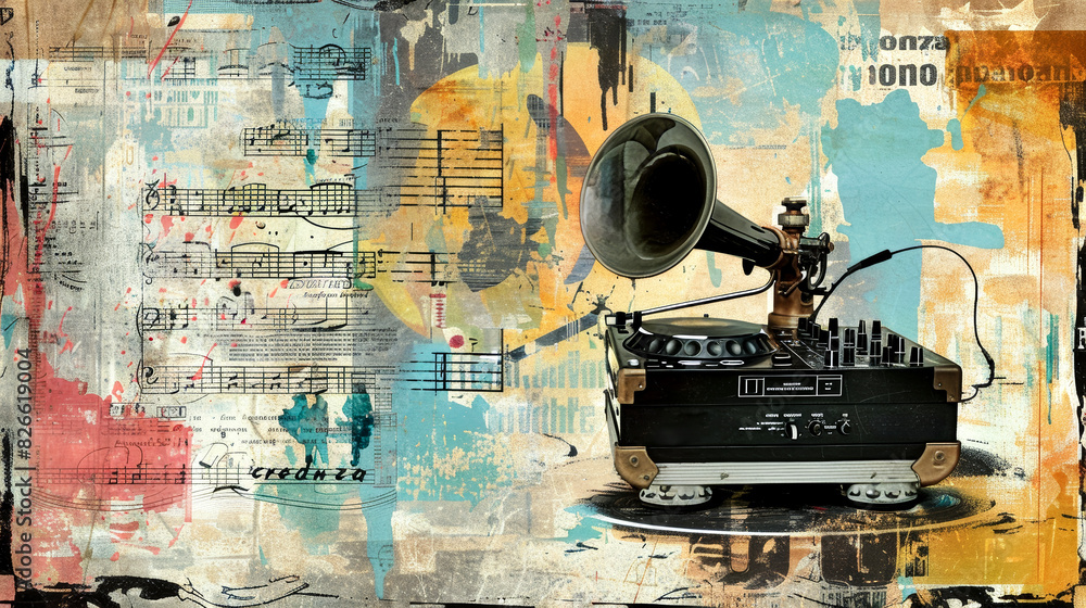 Vintage poster of a DJ playing music an old turquoise record player in ...