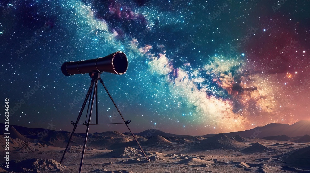 Night sky observing in a remote desert, telescopes pointed at the Milky ...