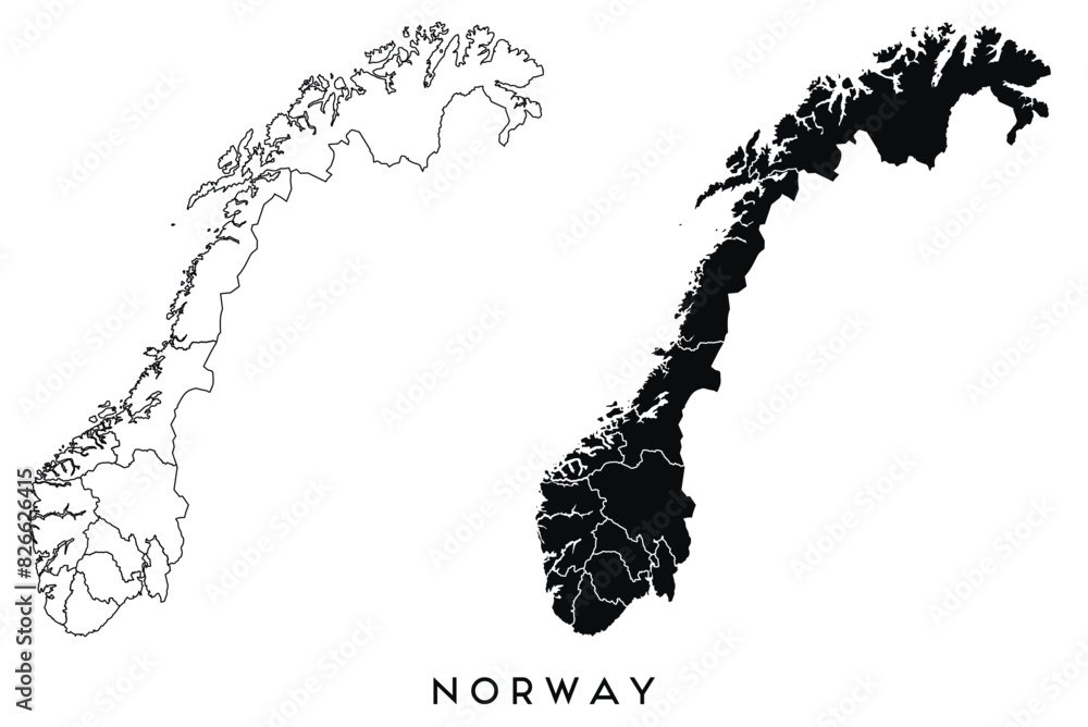 Norway map of city regions districts vector black on white and outline ...