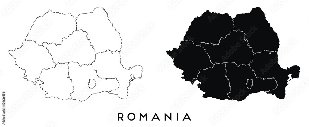 Romania map of city regions districts vector black on white and outline ...