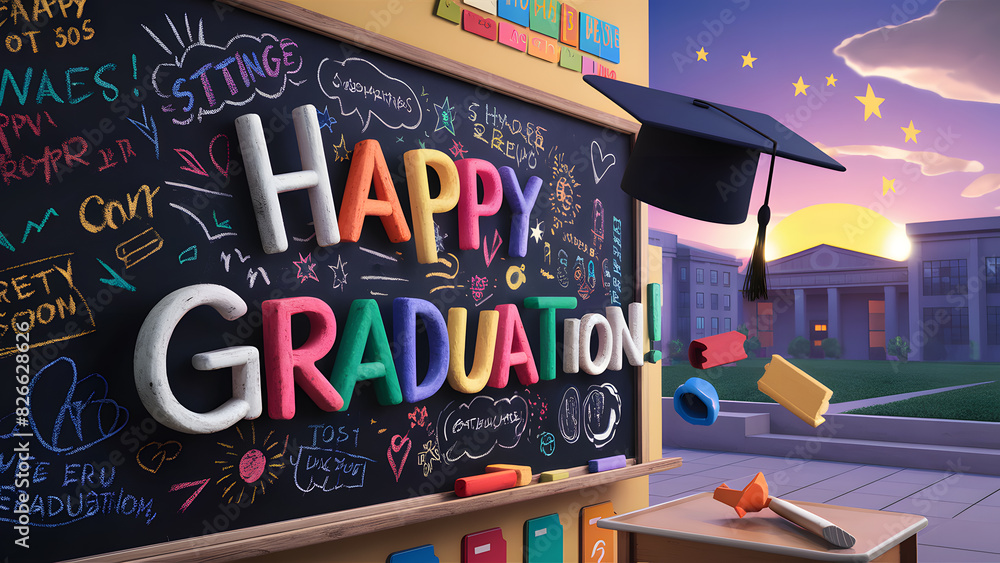 Celebratory graduation theme with chalkboard featuring the message ...
