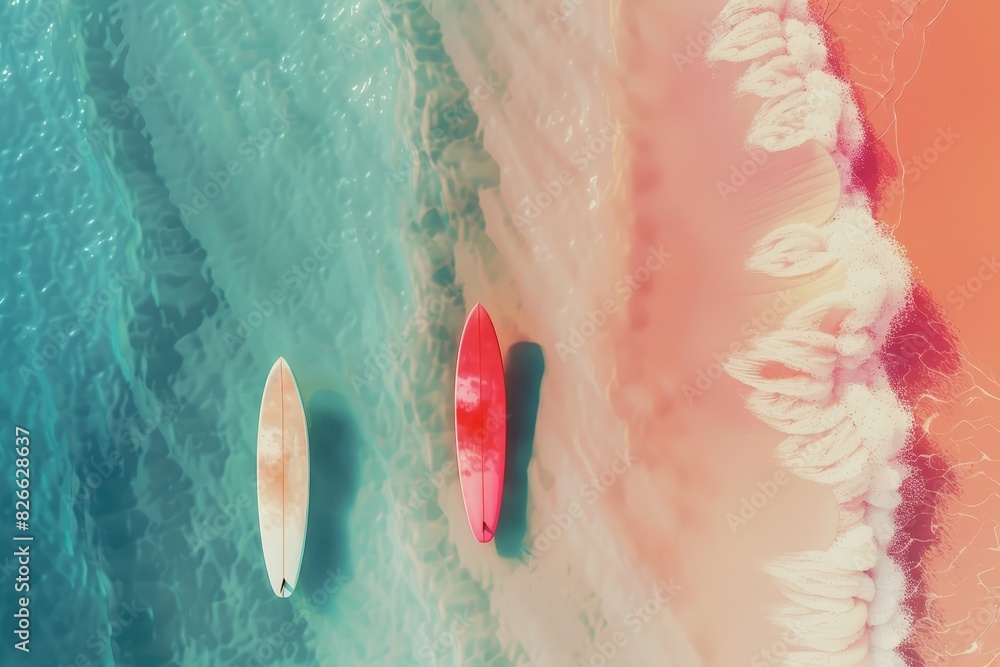 3D render flat design of a surf session at the beach, top view with ...