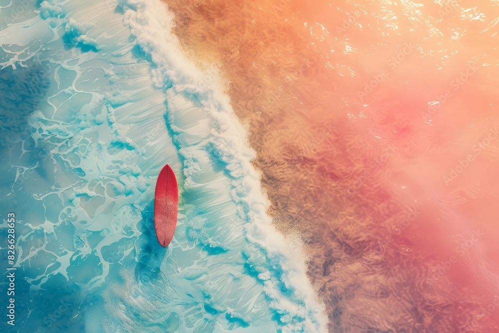 3D render flat design of a surf session at the beach, top view with ...