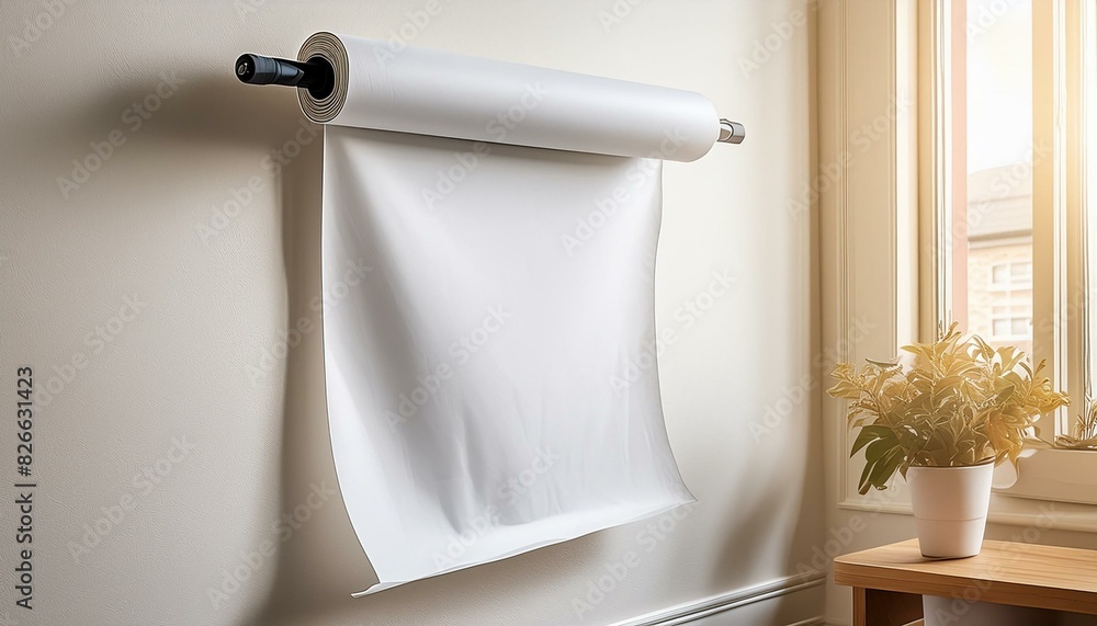 Mockup of a white paper roll hanging on the wall side view with a ...