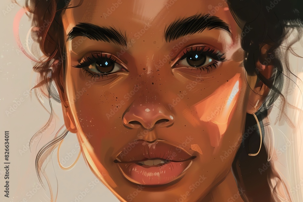 Achieve flawless skin tone in a digital portrait, blending warm peach ...