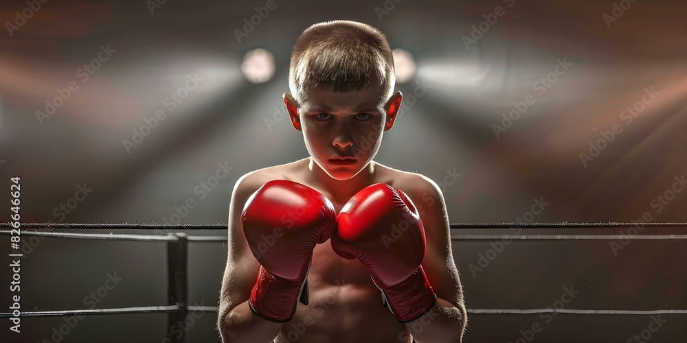 Teenage boy in red boxing gloves exudes determination and focus in ring ...