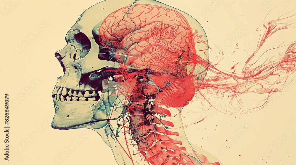 Artistic illustration of human skull and brain anatomy, highlighting ...