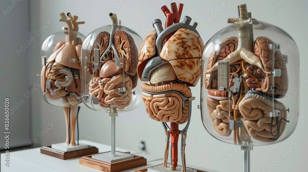Four detailed anatomical models of human internal organs on display ...
