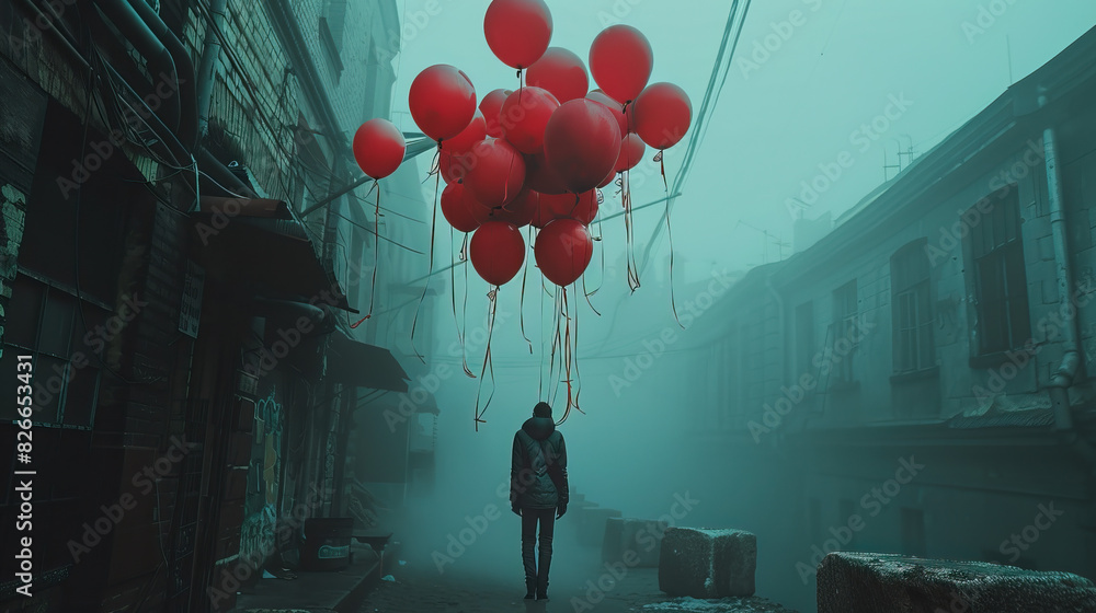 Photo of a depressed man black silhouette with red balloons on foggy ...