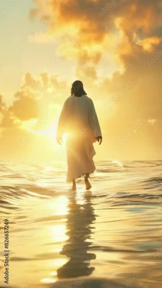 Jesus Christ walking on sea ocean water in sunset sky light - 4k 9x16 ...