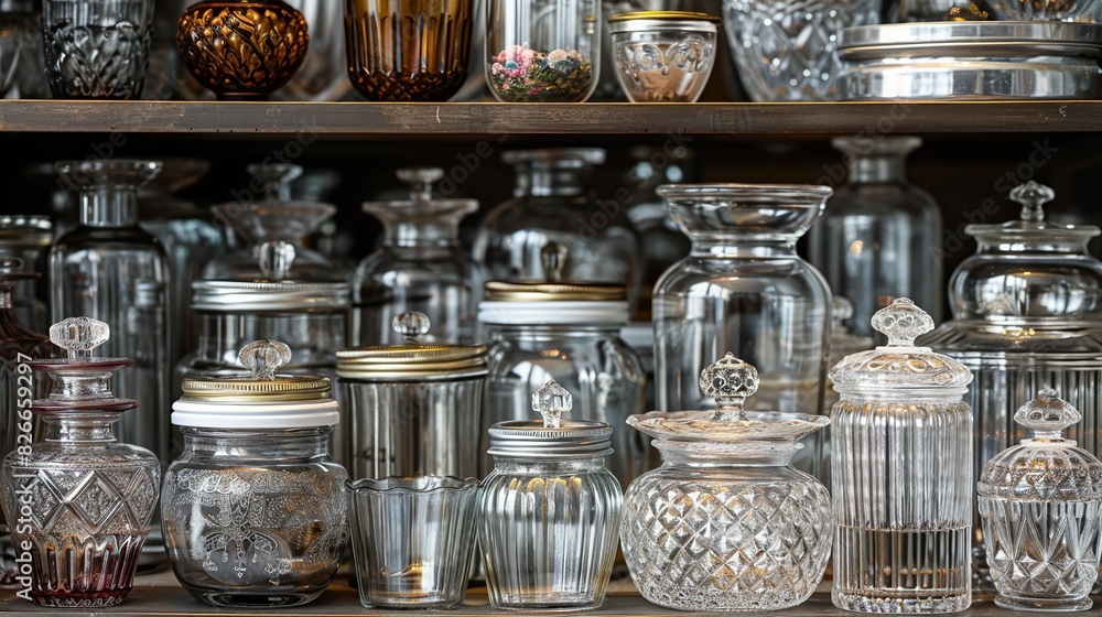 A selection of glass jars in different shapes and sizes, some with ...