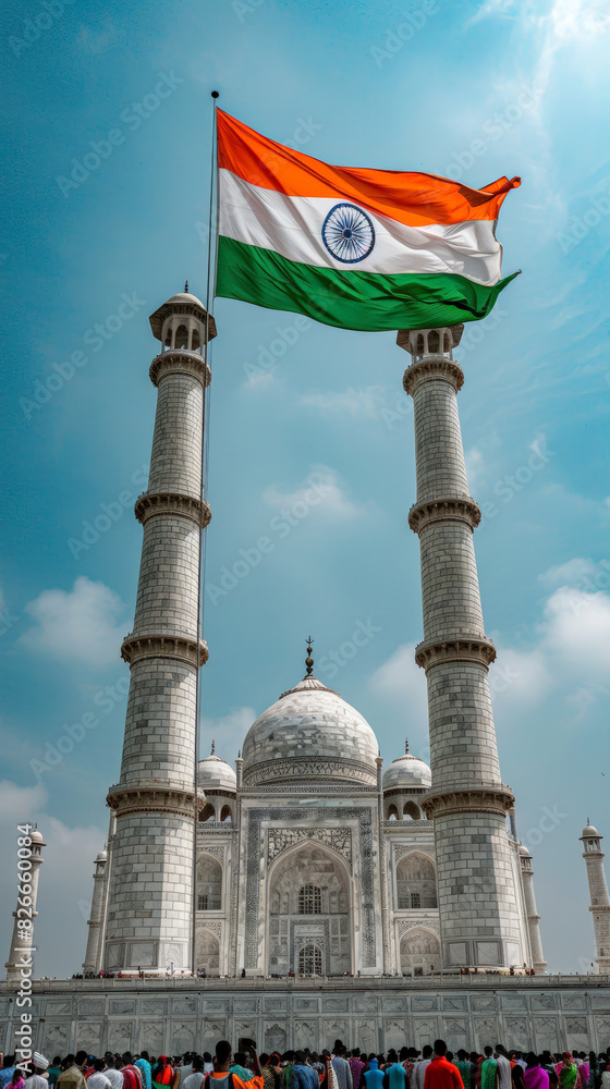 Indian national flag waving above a historic monument with a clear blue ...
