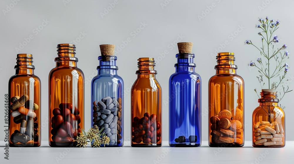 Mockups of medicinal and supplement bottles, including amber and blue ...