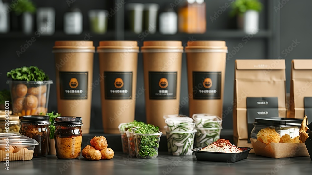 Mockups of takeaway food packaging, including paper bags, plastic ...