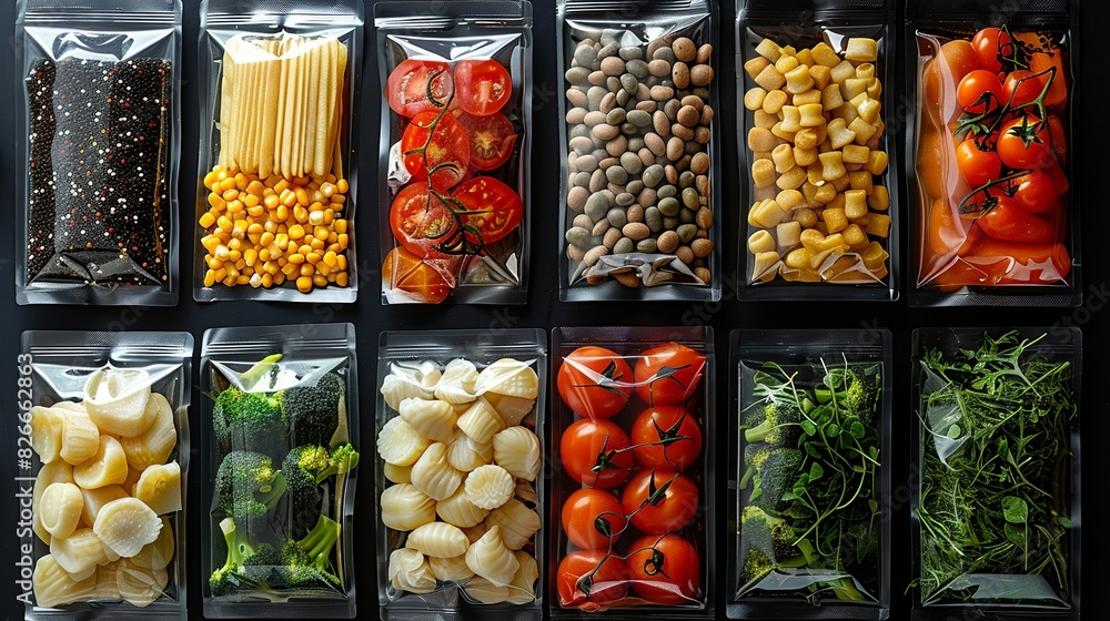 Various types of food packaging, including stand-up pouches, plastic ...