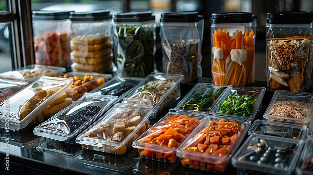 Various types of food packaging, including stand-up pouches, plastic ...