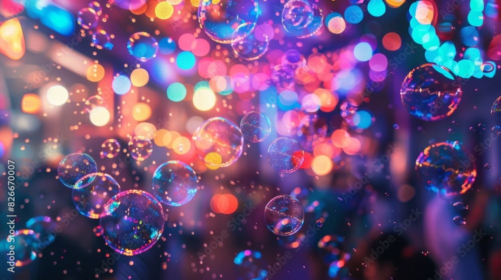 A bubble machine producing a stream of bubbles that reflect the ...