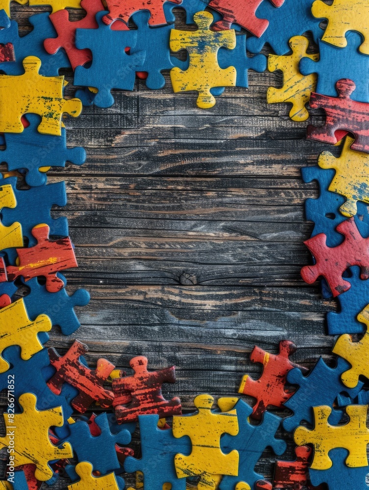 A jigsaw puzzle with a blue, yellow, and red border. The puzzle pieces ...