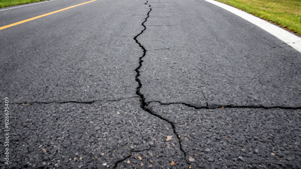 Asphalt road with deep, jagged cracks snaking across surface, remnants ...