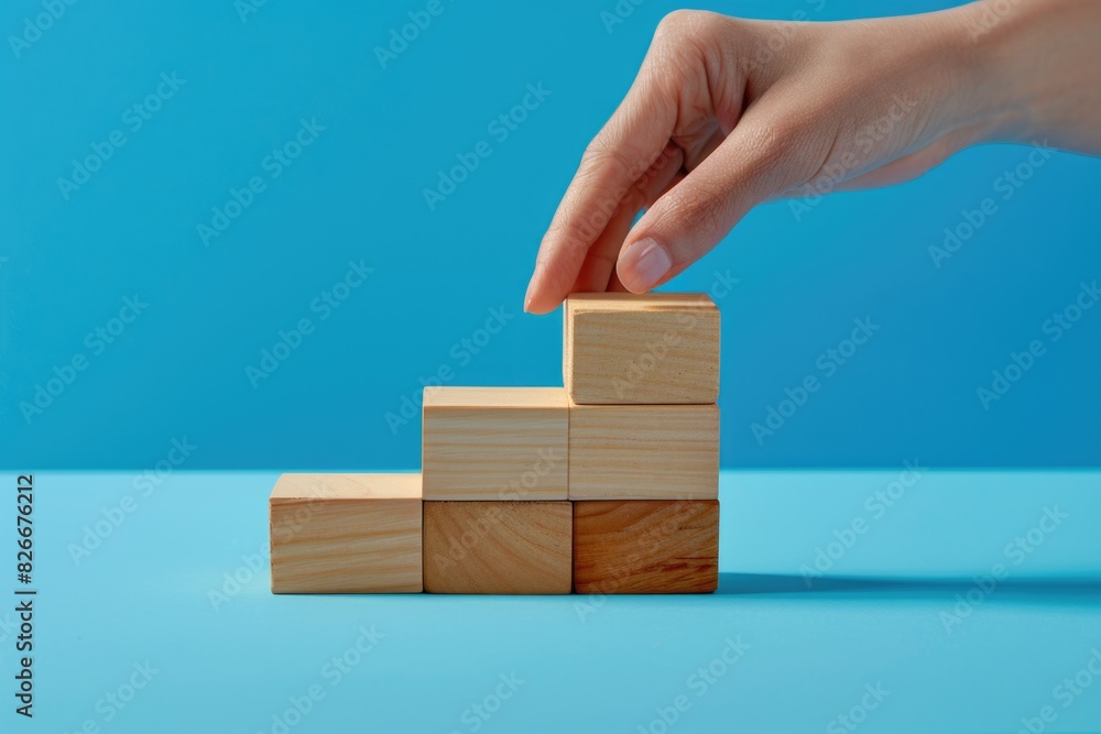A hand is placing wooden blocks on top of each other, creating a stack ...