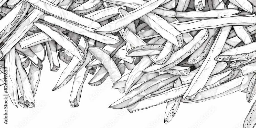 A drawing of french fries with a white background. The fries are cut ...