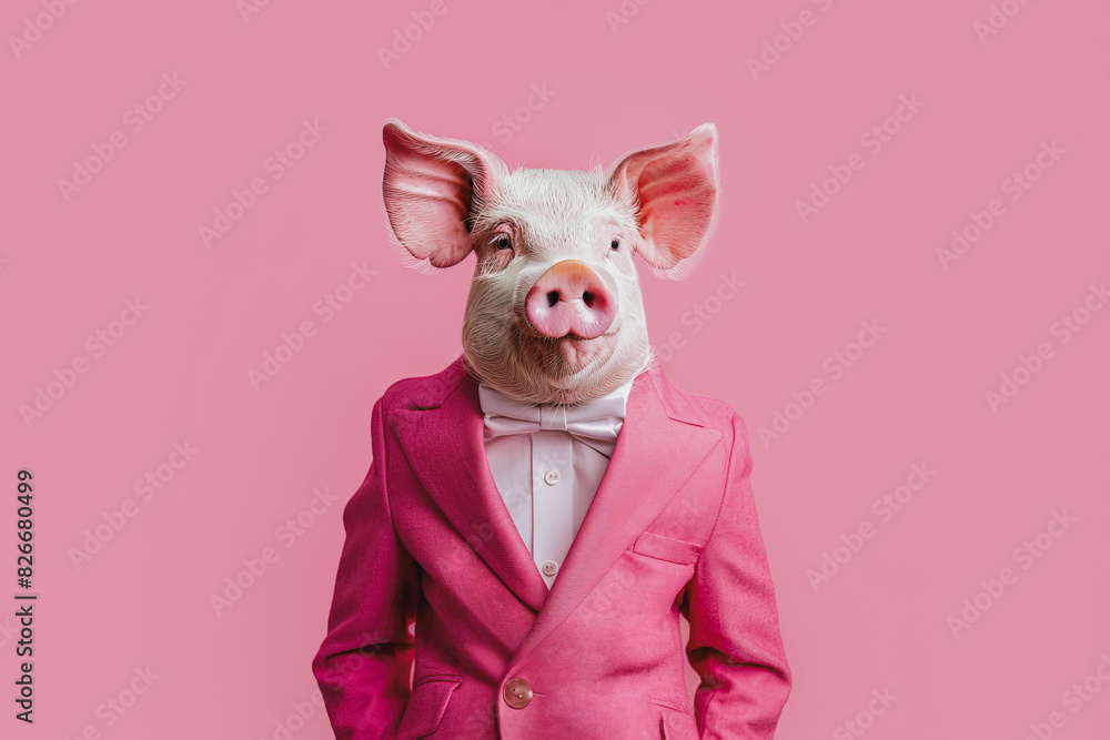 Pig in a pink suit, illustrating a humanized animal concept. Generative ...