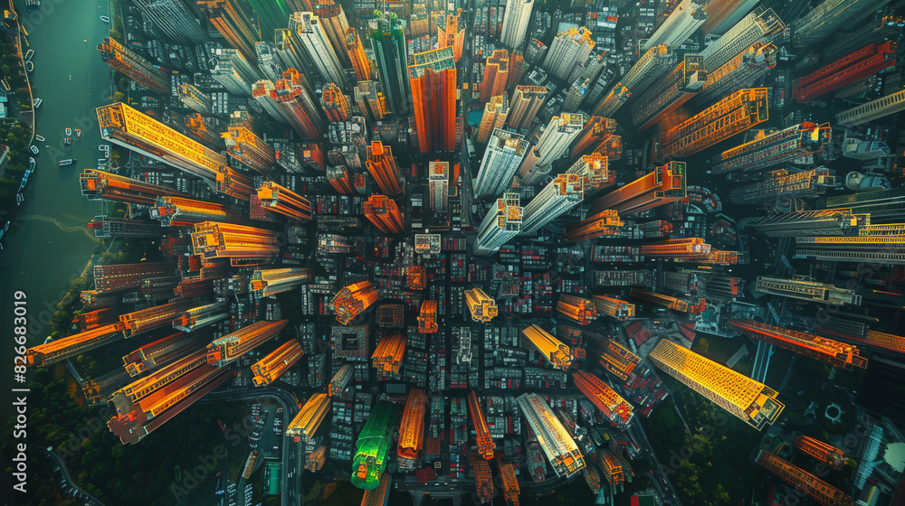 Bird's-eye view of a densely built urban city with a symmetrical ...