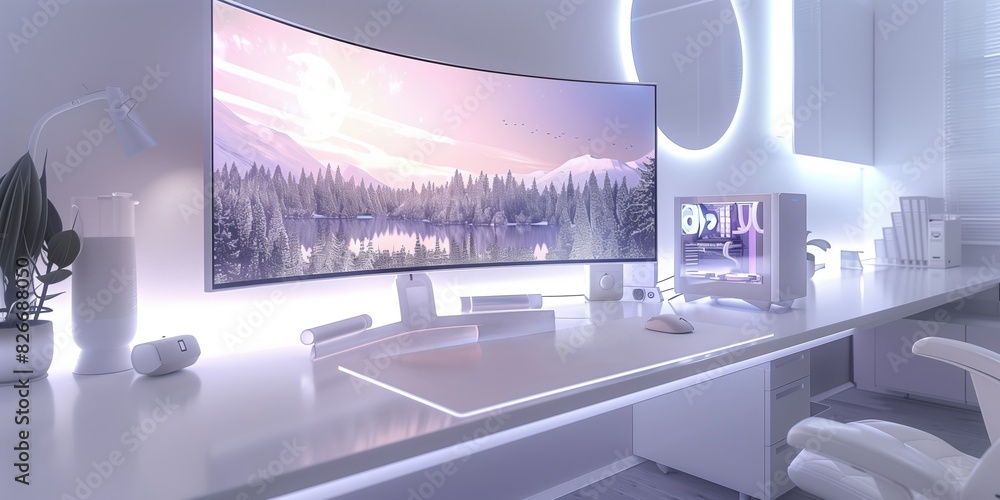 Clean and minimalist tech workspace with a high-resolution curved ...