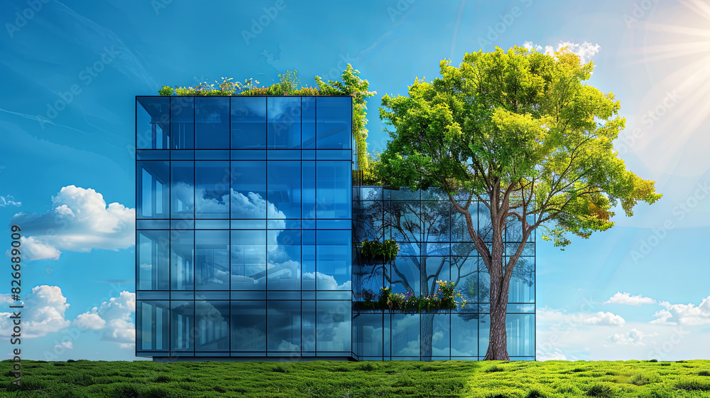 A sustainable green building designed with eco-friendly features and ...