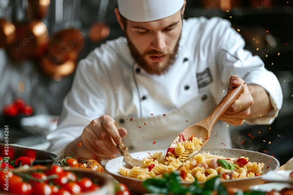 Full body photo of Caucasian male chef cooking pasta using wooden spoon ...