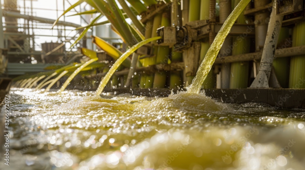 Sugarcane juice streams from multiple spouts during the extraction ...