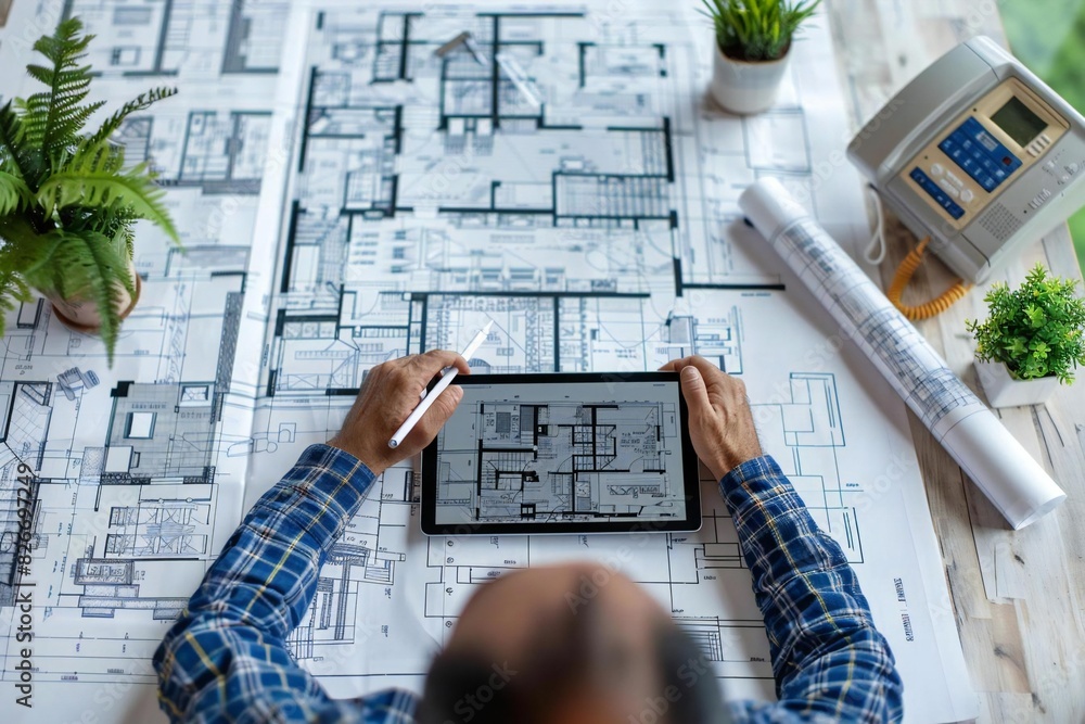 Full body photo of Asian male architect designing blueprints using ...