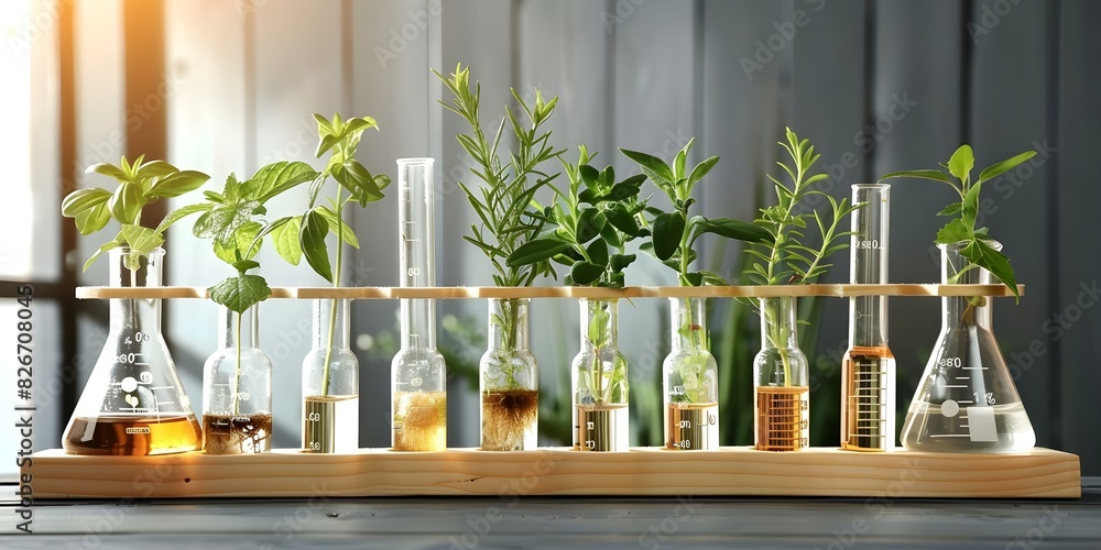 Assorted plants in test tubes and beakers on white backdrop science ...