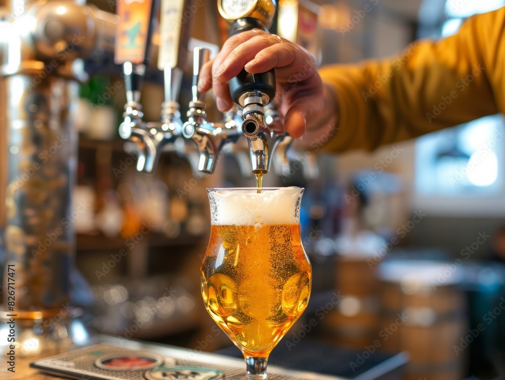 A man is pouring beer into a glass from a tap. The glass is half full ...