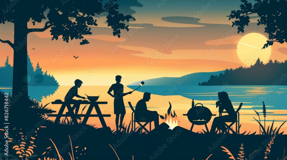 Cartoon drawing of a lakeside barbecue cooking scene, flat design and ...