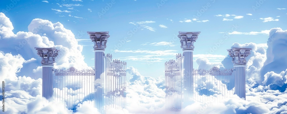 White Clouds In The Sky With A White Heavenly Background And Gates To