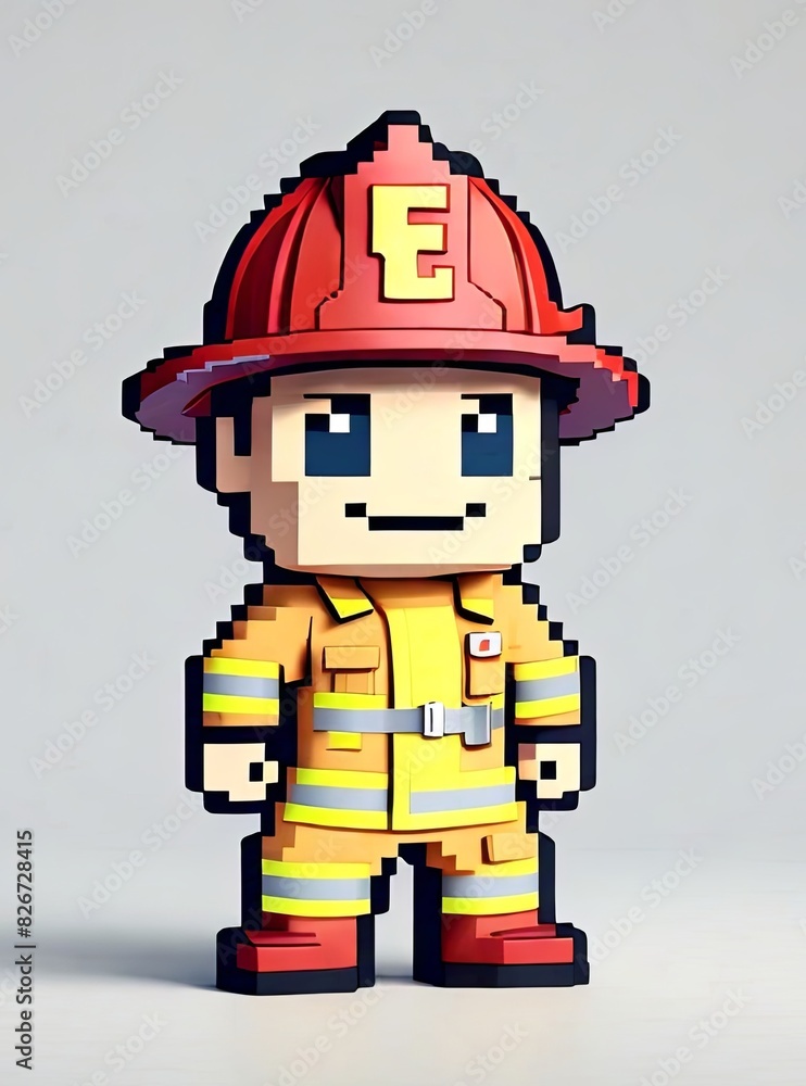 Pixel art of a fireman with red helmet, personal protective equipment ...
