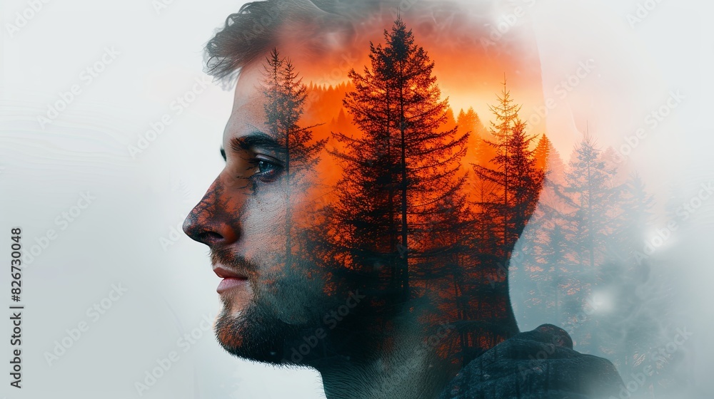 Double exposure combines face and forest. The concept of the unity of ...