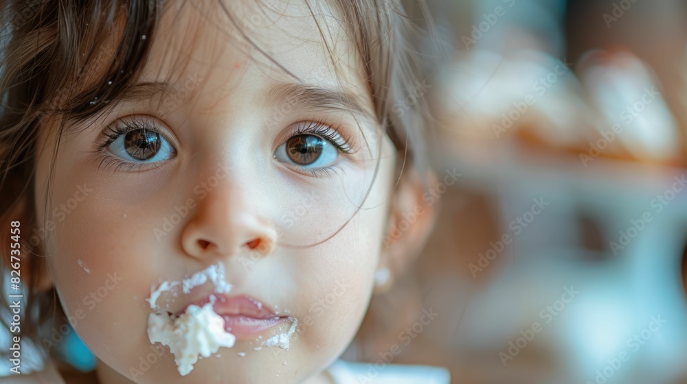 The little girls face is covered in frosting, with a smile on her mouth ...