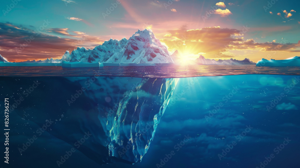 Stunning image of a floating iceberg during sunset, showcasing both ...