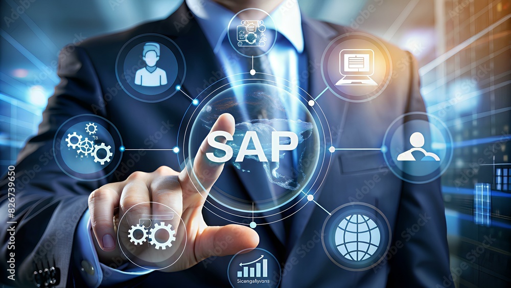 Person Hand Touching SAP Icon on Virtual Screen, Technology Background ...