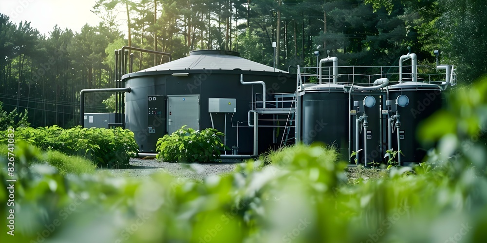 Renewable biogas fuel produced by anaerobic digestion unit fermenting organic waste. Concept ...